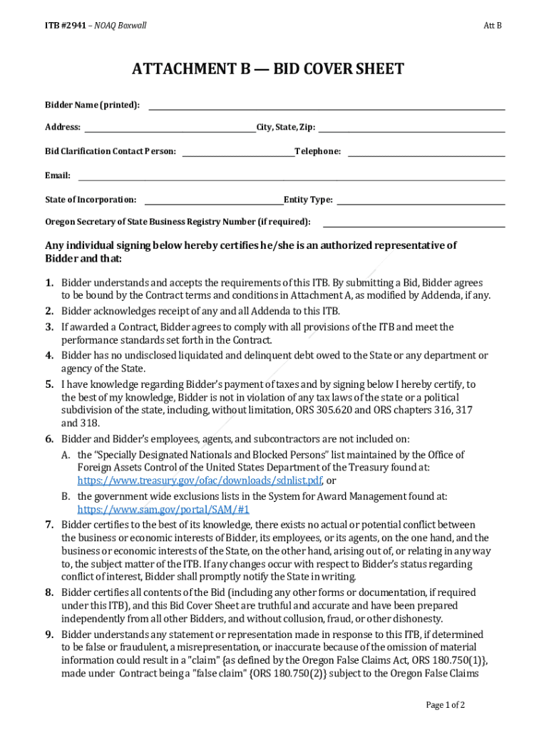Fillable Online ITB template Att B - bid cover sheet Fax Email Print - pdfFiller
