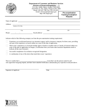 Pre-examination Training Exemption Request Doc Template | pdfFiller