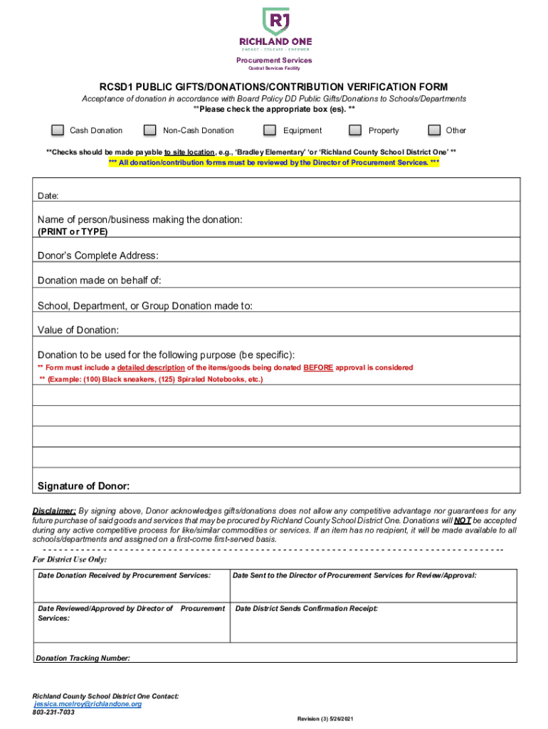Fillable Online rcsd1 public gifts/donations/contribution verification form Fax Email Print ...