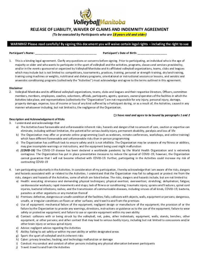 Fillable Online Release of Liability, Waiver of Claims and Indemnity Agreement - 18 ... Fax ...