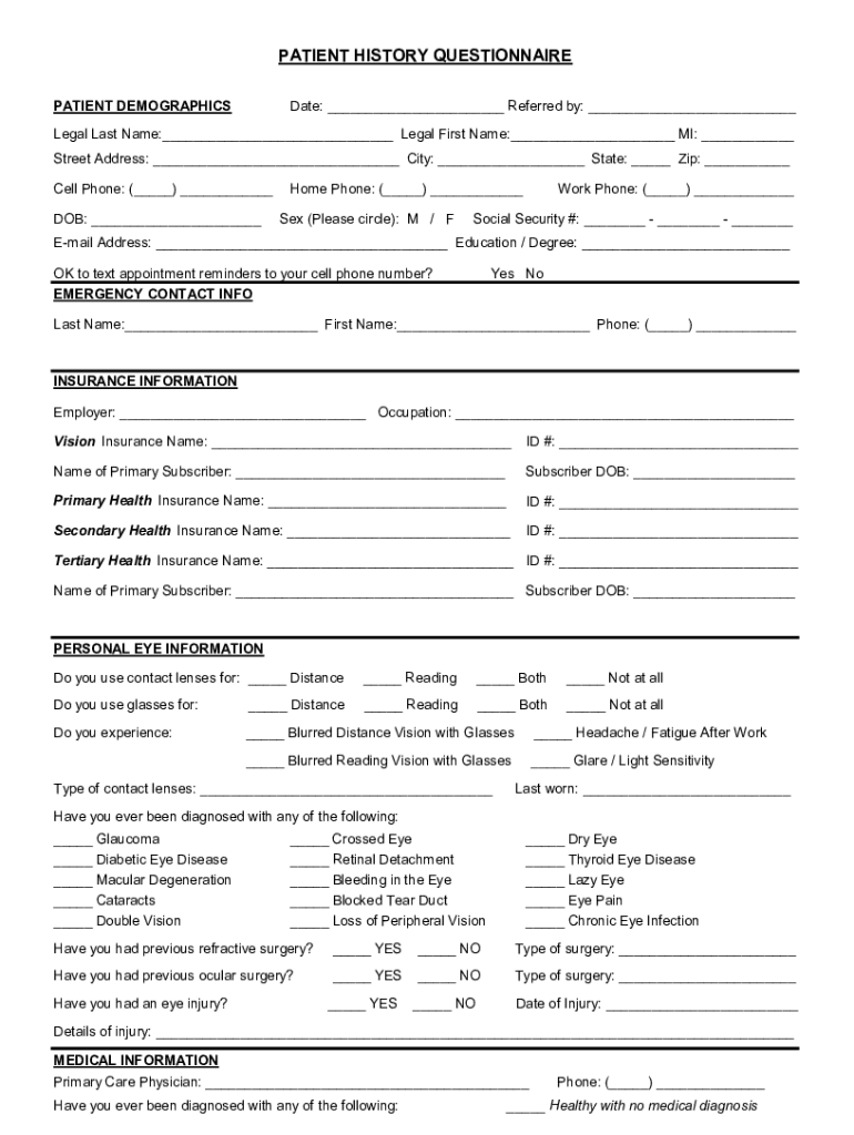 Fillable Online Fill - Free fillable PATIENT HISTORY QUESTIONNAIRE PDF ...