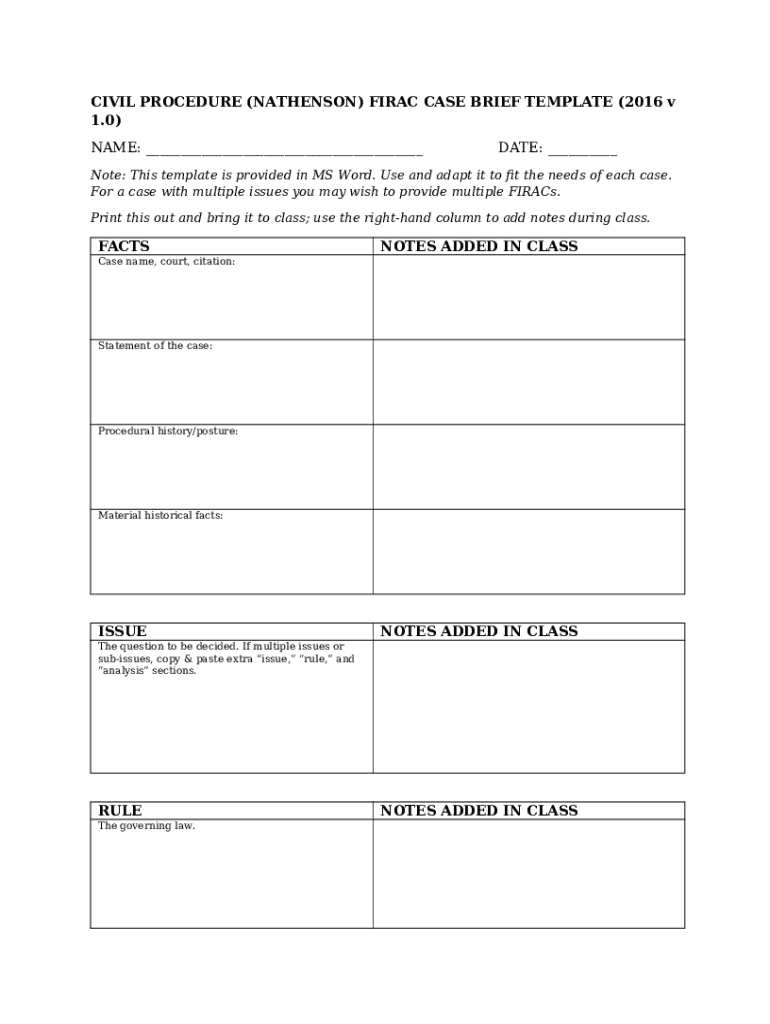 CIVIL PROCEDURE (NATHENSON) FIRAC CASE BRIEF TEMPLATE (2016 v 1 Doc ...