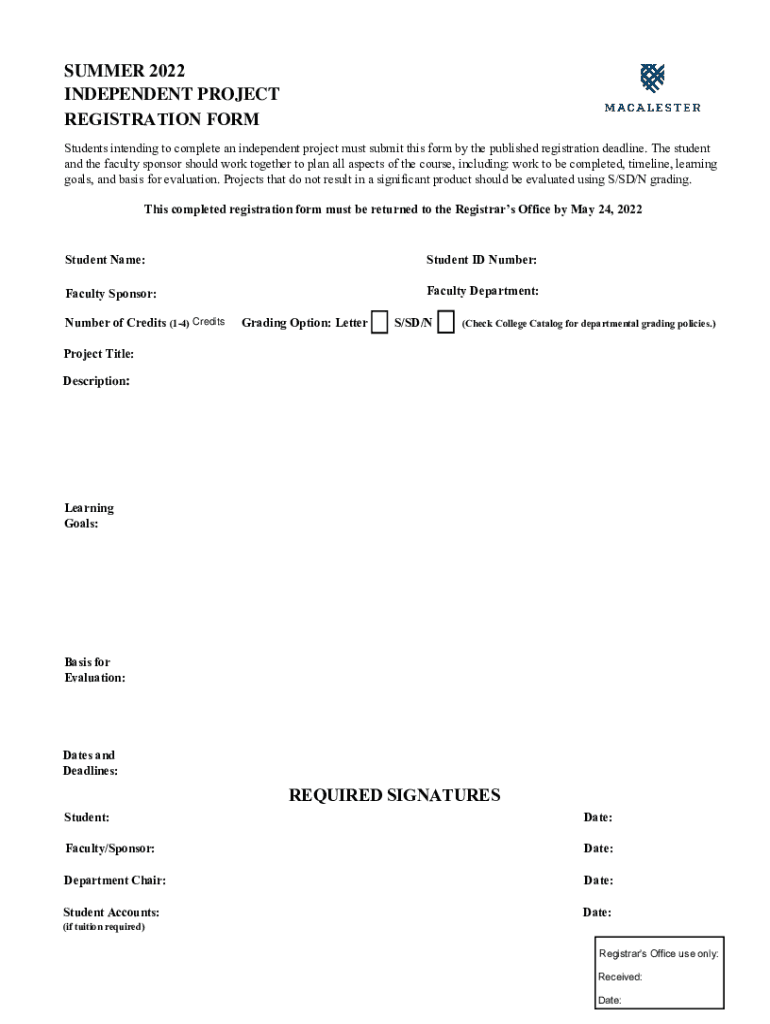 Fillable Online Fillable Online macalester SUMMER INDEPENDENT PROJECT ...