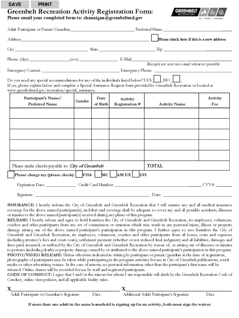 Fillable Online Greenbelt Recreation Activity Registration Form: Fax ...