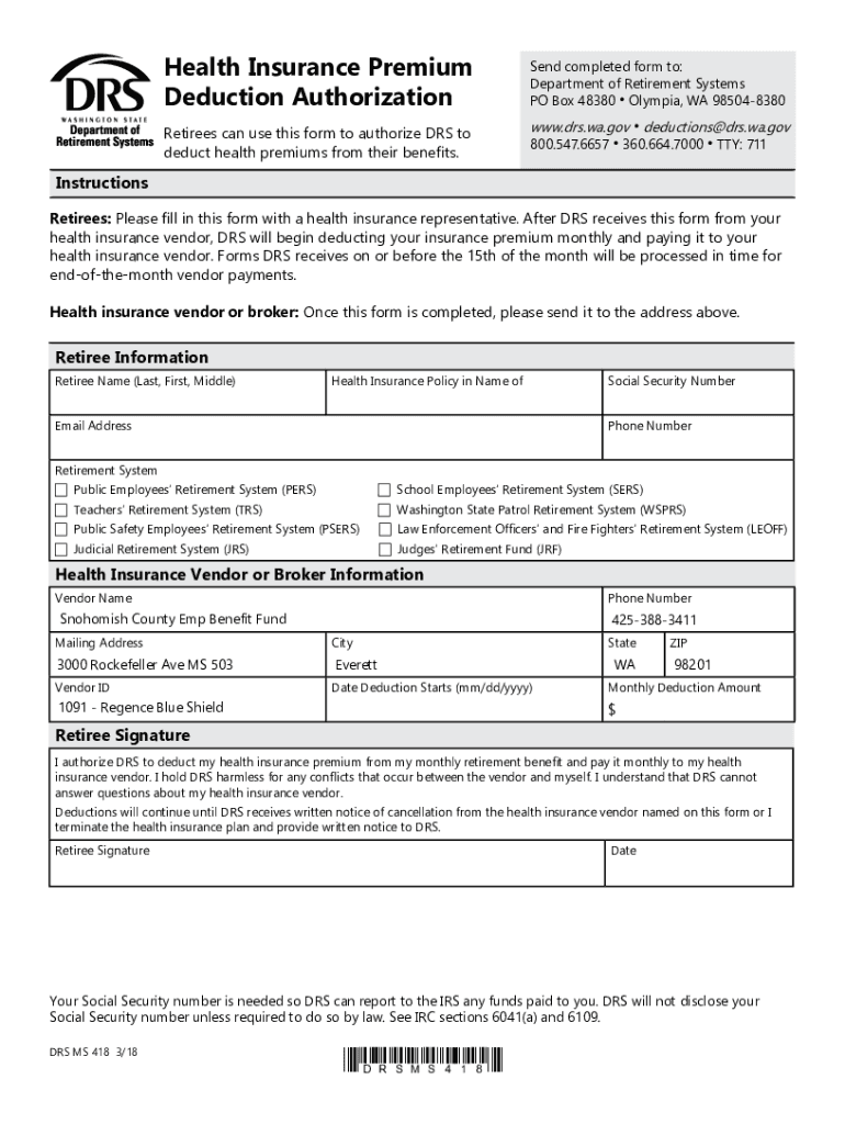 Fillable Online Health Insurance Premium Deduction Authorization ... Fillable Online Health Insurance Premium Deduction Authorization ...