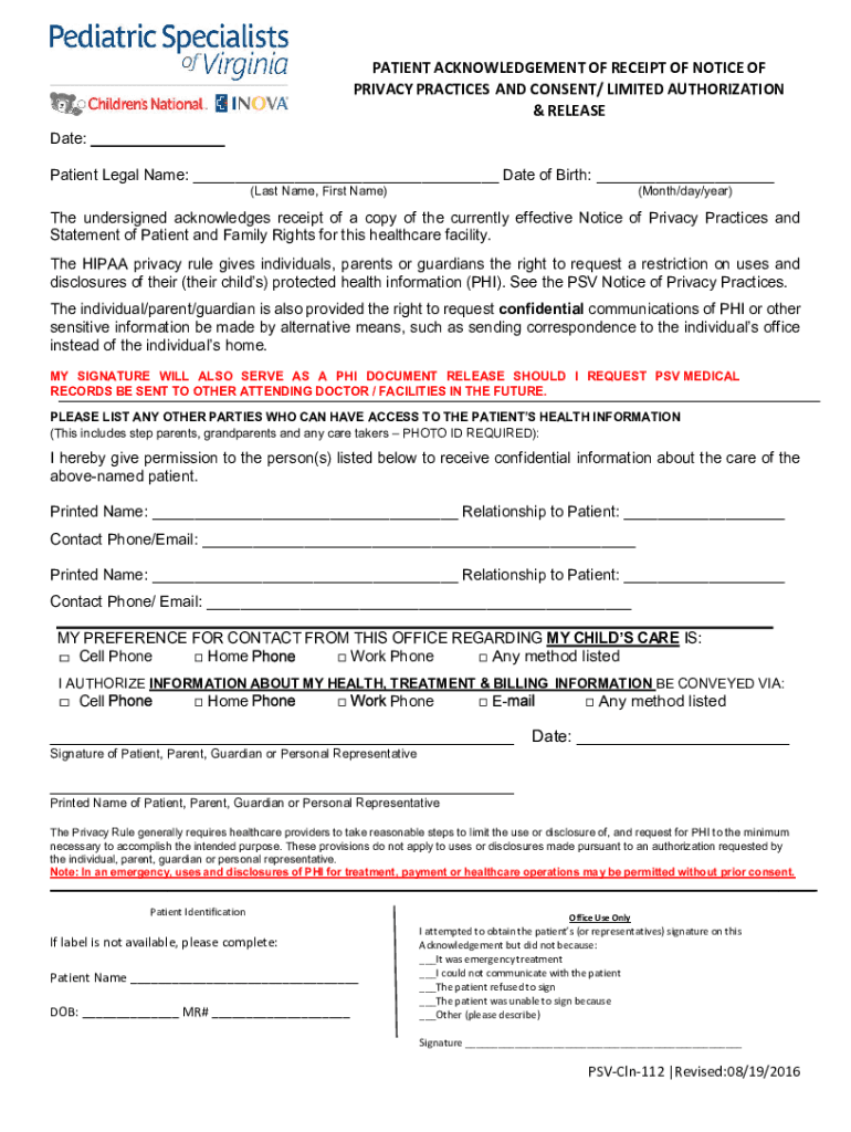 Fillable Online PATIENT ACKNOWLEDGEMENT OF RECEIPT OF NOTICE OF PRIVACY PRACTICES ... - AIO Fax ...