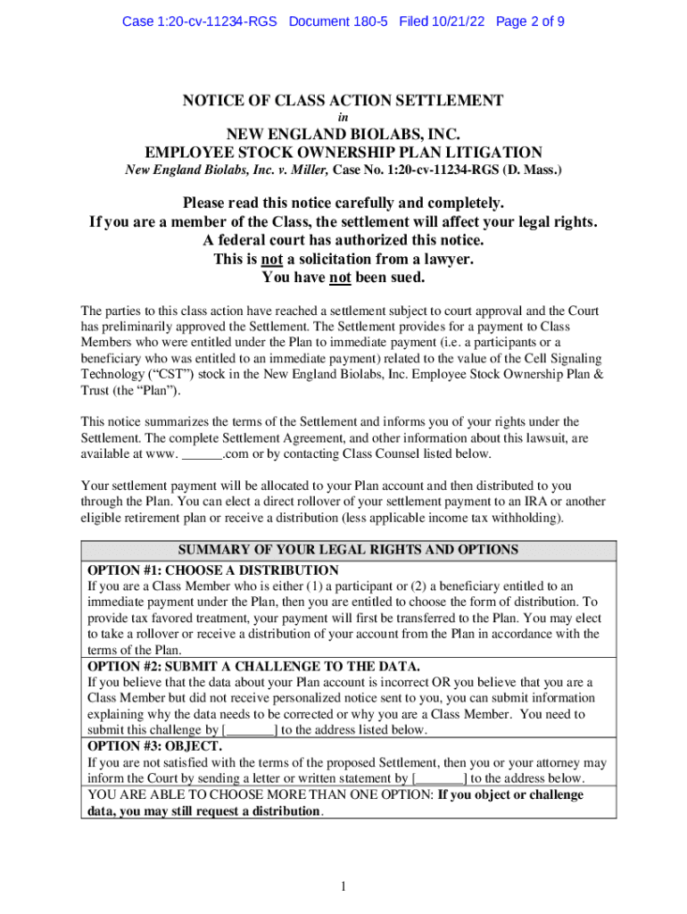 Fillable Online notice of class action settlement - new england biolabs ...