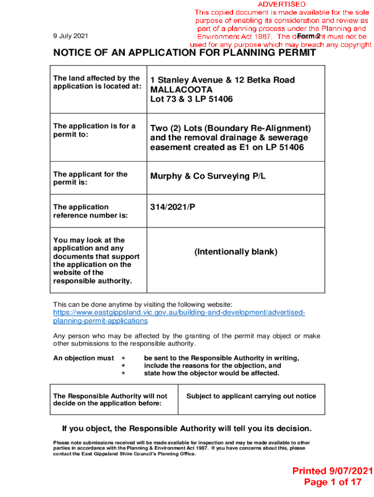 Fillable Online NOTICE OF AN APPLICATION FOR PLANNING PERMITnotice of ...