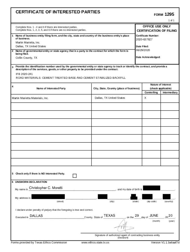 Fillable Online Certificate of Interested Parties (Form 1295)The Colony ... Fillable Online Certificate of Interested Parties (Form 1295)The Colony ...