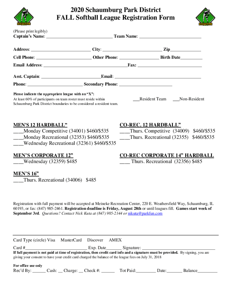 Fillable Online 2020 Schaumburg Park District FALL Softball League ...
