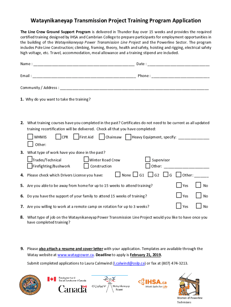 Fillable Online Fillable Online Wataynikaneyap Transmission Project Training Program ... Fax ...