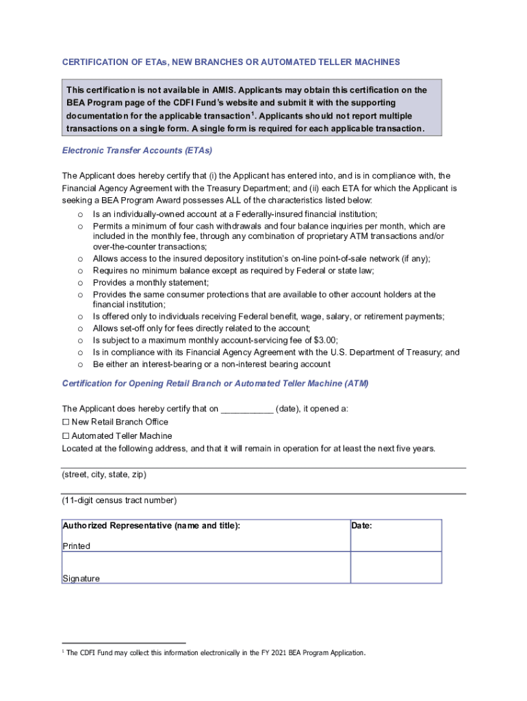 Fillable Online Certification of ETAs, New Branches or Automated Teller Machines Fax Email Print ...