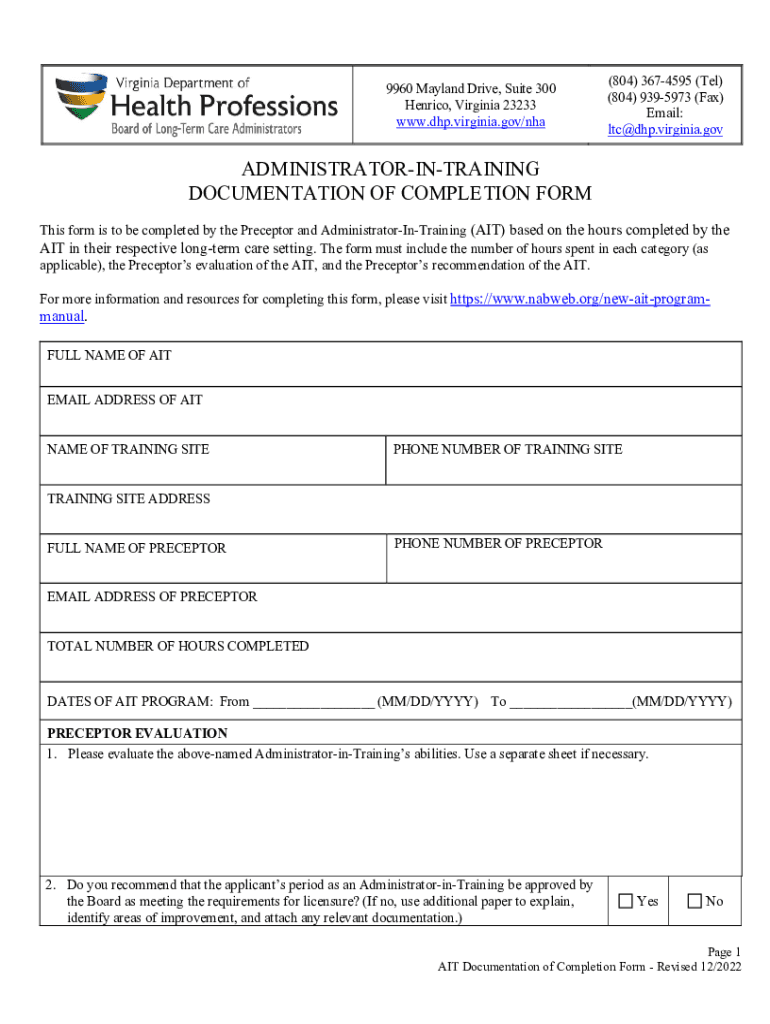 Fillable Online AIT Documentation of Completion Form Fax Email Print - pdfFiller