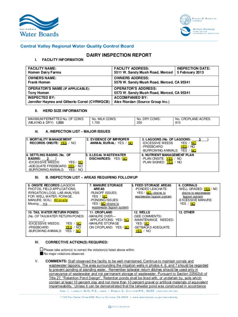 Fillable Online DAIRY INSPECTION REPORT Fax Email Print - pdfFiller