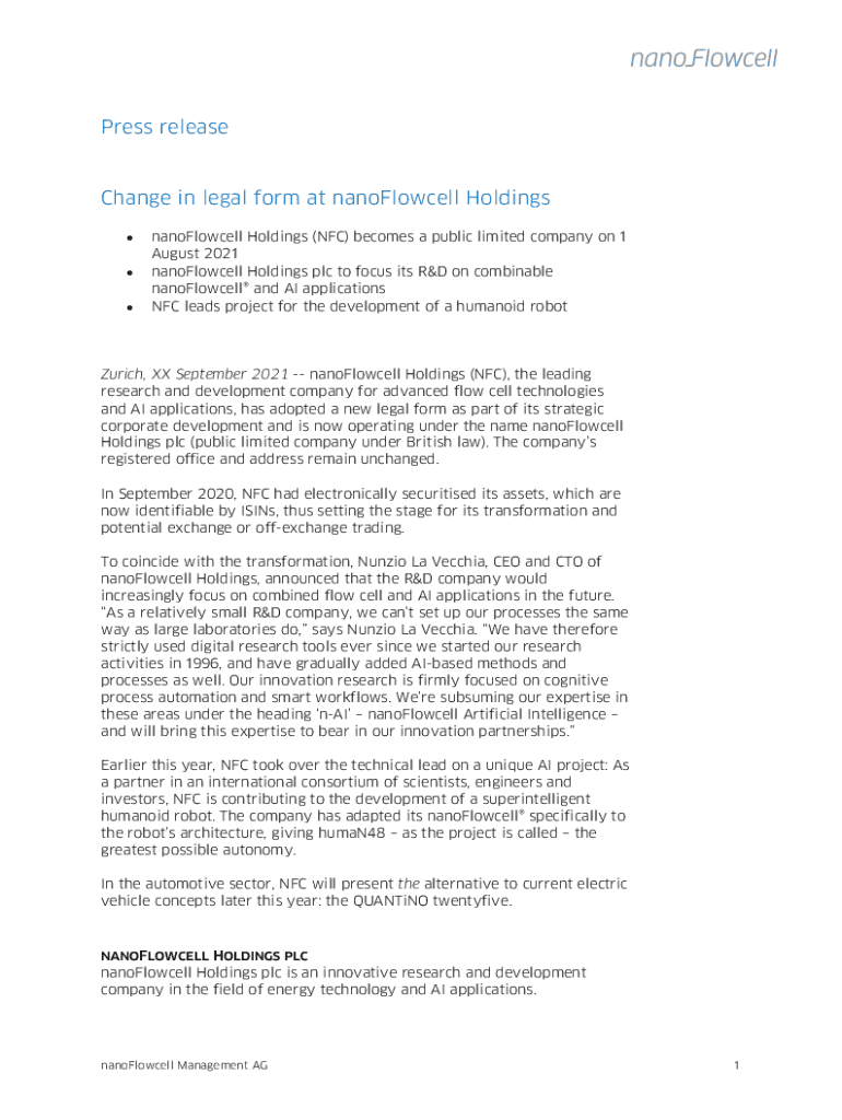 Fillable Online Press release Change in legal form at nanoFlowcell Holdings Fax Email Print ...