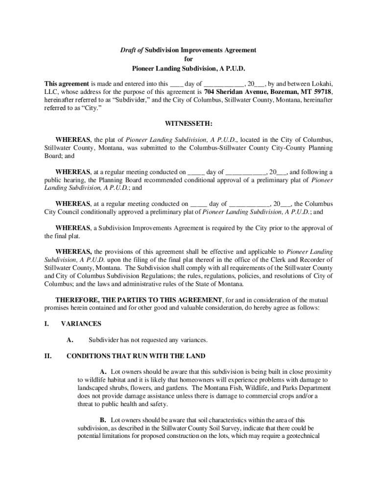 Fillable Online Draft of Subdivision Improvements Agreement for Pioneer Landing ... Fax Email ...