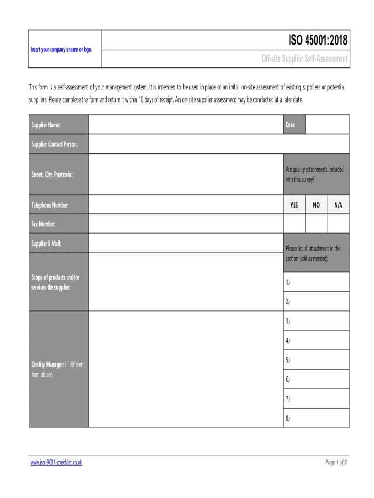 Fillable Online Off-site Supplier Self-Assessment Fax Email Print ...