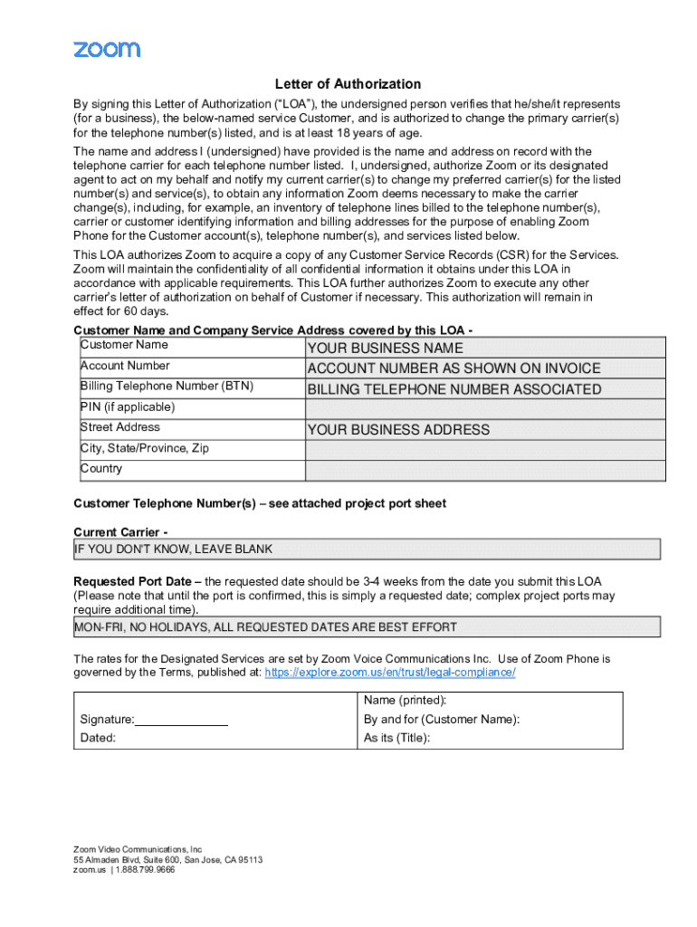 Fillable Online What Is a Letter of Authorization (LOA) In Telecom ...