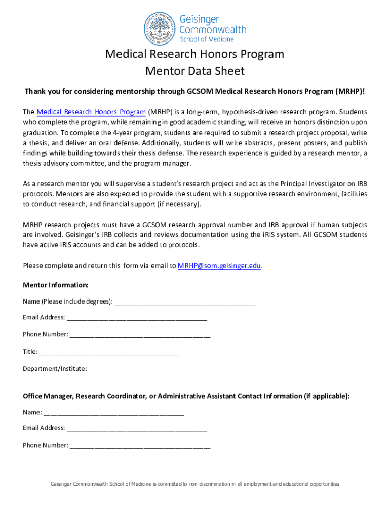 Fillable Online GCSOM Medical Research Honors Program Mentor Data Sheet ...