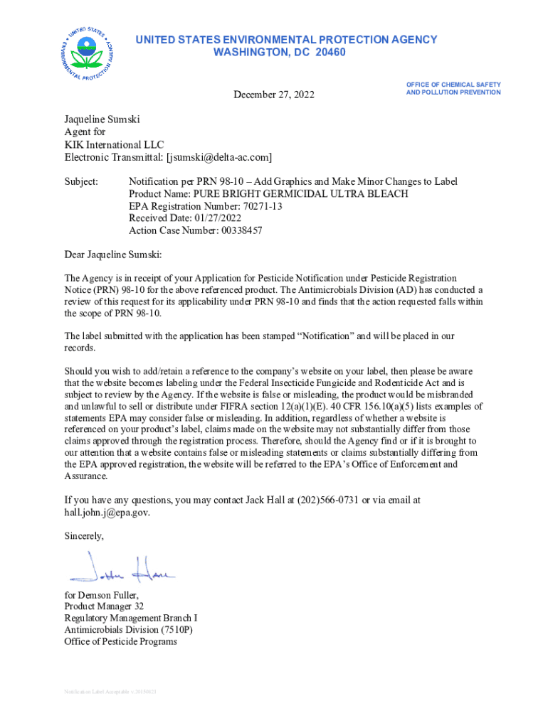 Fillable Online US EPA, Pesticide Product Label, PURE BRIGHT GERMICIDAL ...