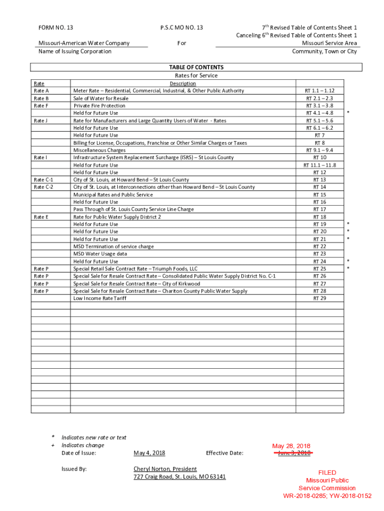 Fillable Online FORM NO. 13 P.S.C MO NO. 13 9 Revised Table of Contents ...