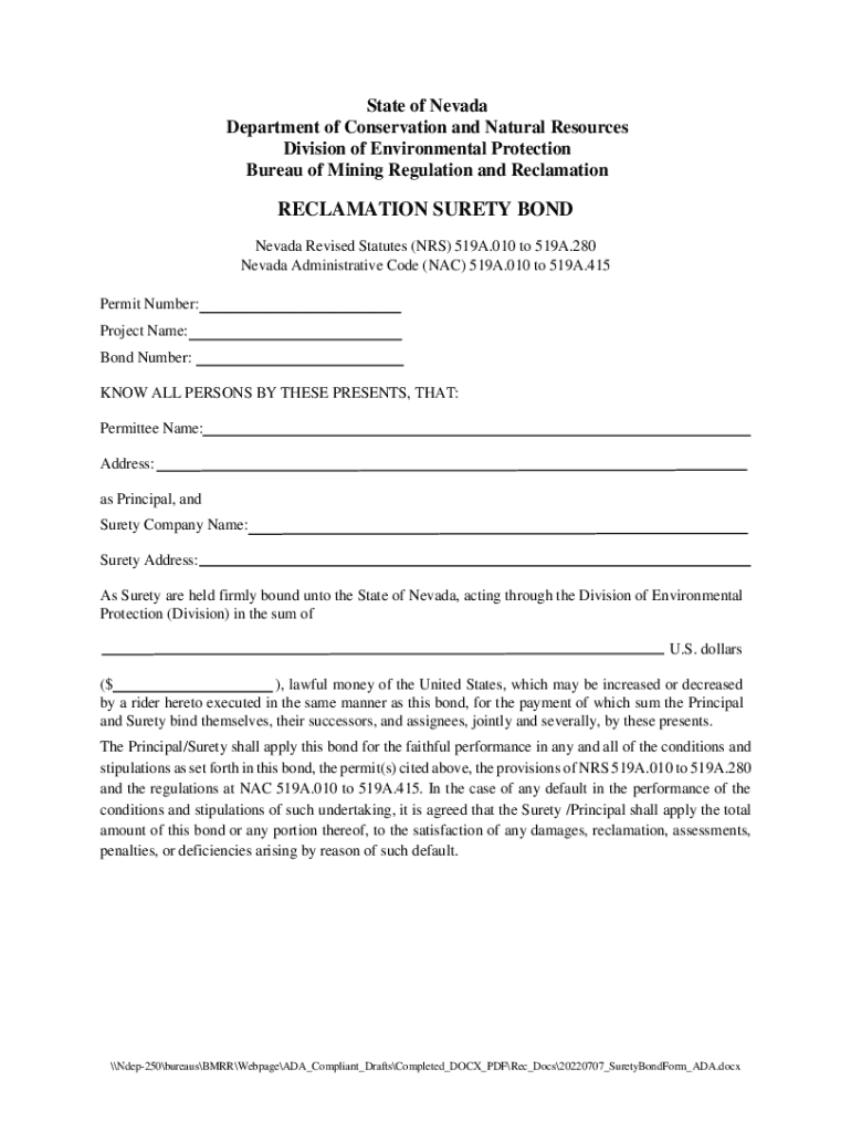 Fillable Online ndep nv Reclamation Surety Bond Form Fax Email Print ...