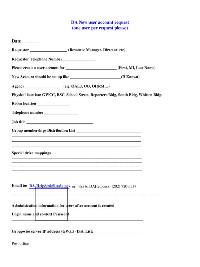 Fillable Online DA New user account request Fax Email Print - pdfFiller