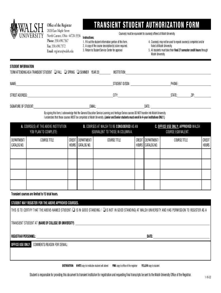 Fillable Online library.walsh.edufilesTransient-StudentOffice of the ...