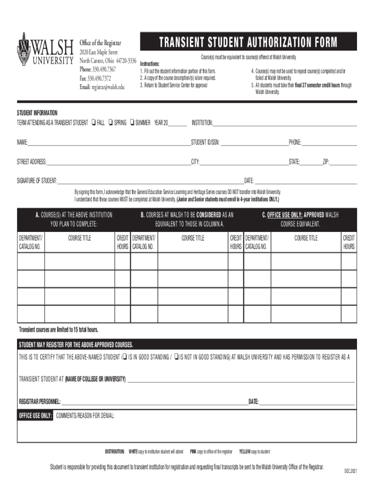 Fillable Online library.walsh.edu uploads transient-studentOffice of ...