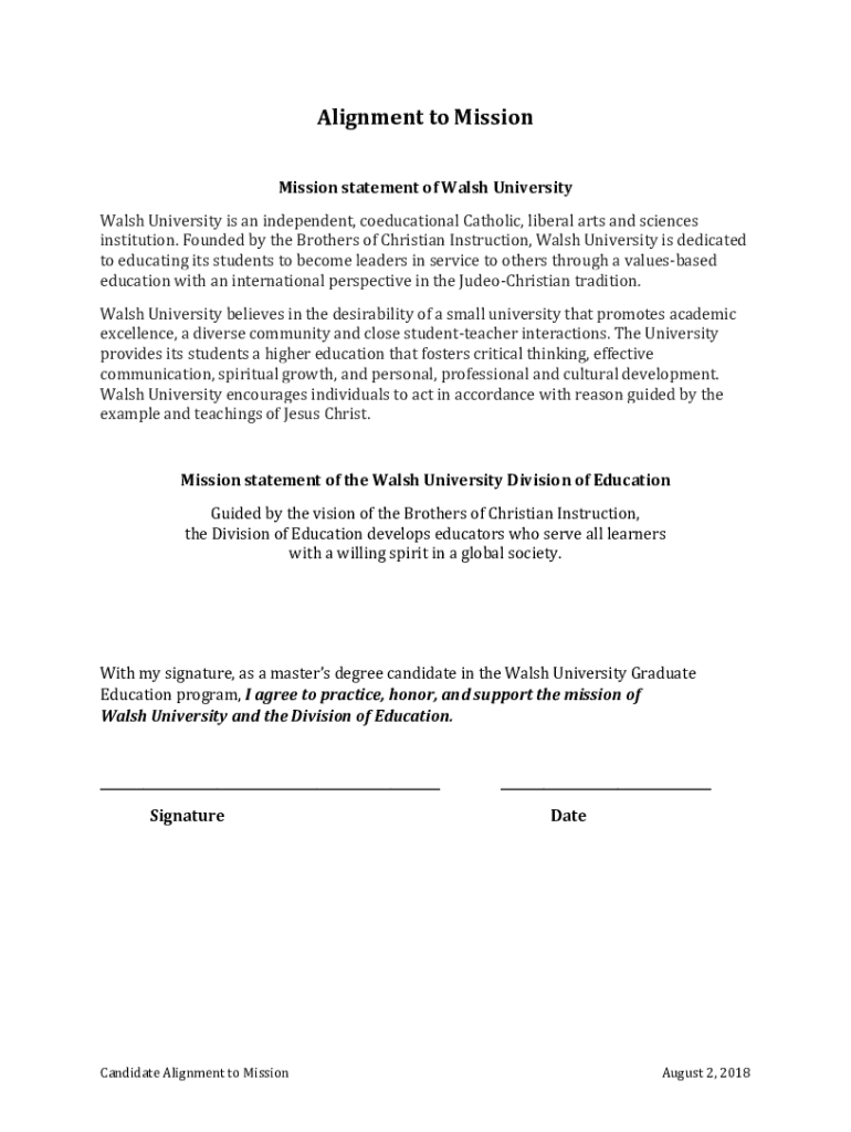 Fillable Online Alignment to Mission Walsh University Fax Email Print ...