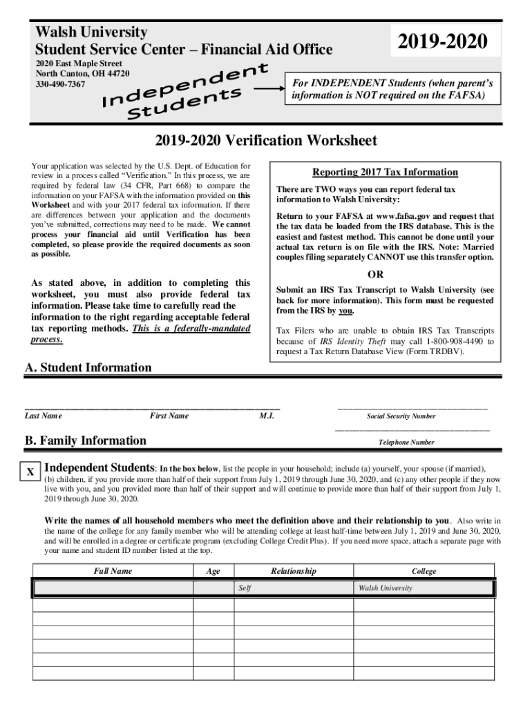 Fillable Online 2019-2020 Verification Worksheet - Walsh University Fax Email Print - pdfFiller