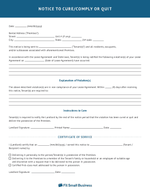 Fillable Online NOTICE TO CURE/COMPLY OR QUIT Fit Small Business Fax ...