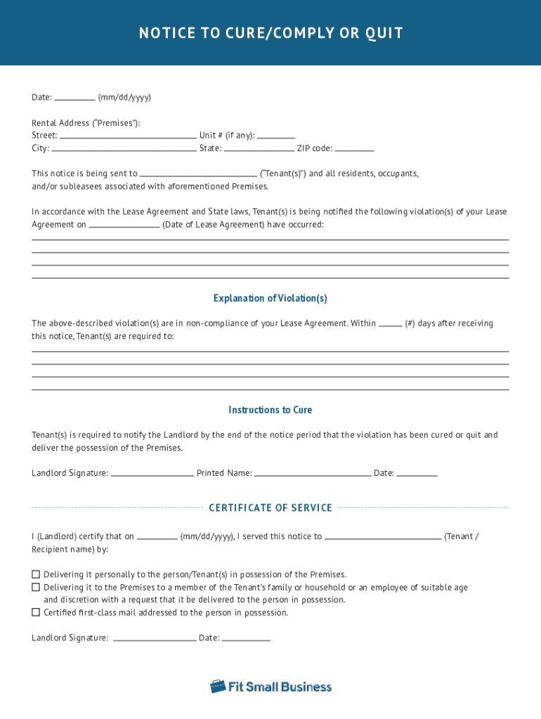 Fillable Online NOTICE TO CURE/COMPLY OR QUIT Fit Small Business Fax ...