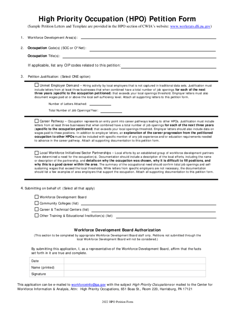 Fillable Online High Priority Occupation (HPO) Petition Form Fax Email ...