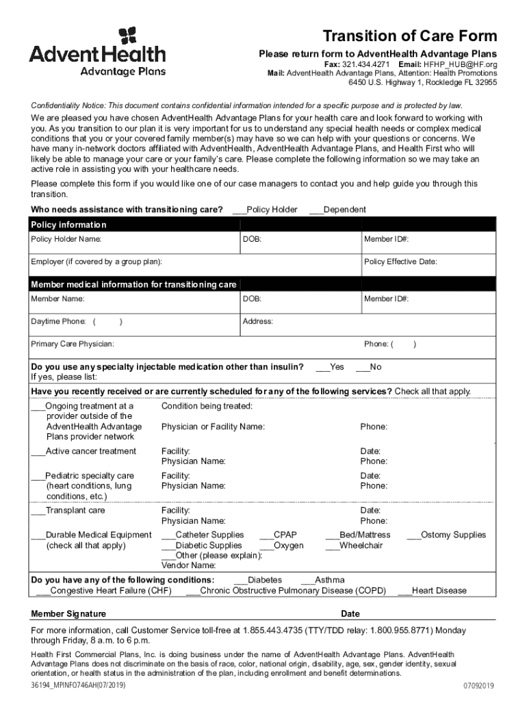 Fillable Online Transition of Care Form - Health First Fax Email Print - pdfFiller