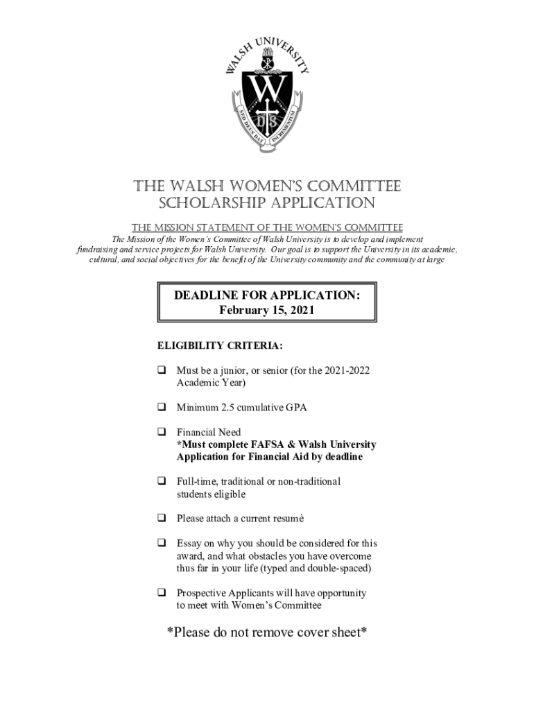 Fillable Online the walsh women's committee scholarship application Fax ...