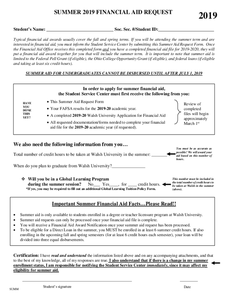 Fillable Online Summer 2019 Financial Aid Request - Walsh University ...