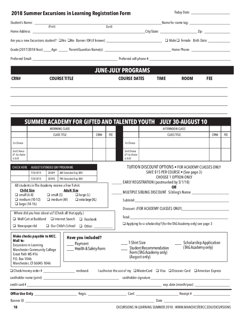 Fillable Online 2018 Summer Excursions in Learning Registration Form ...
