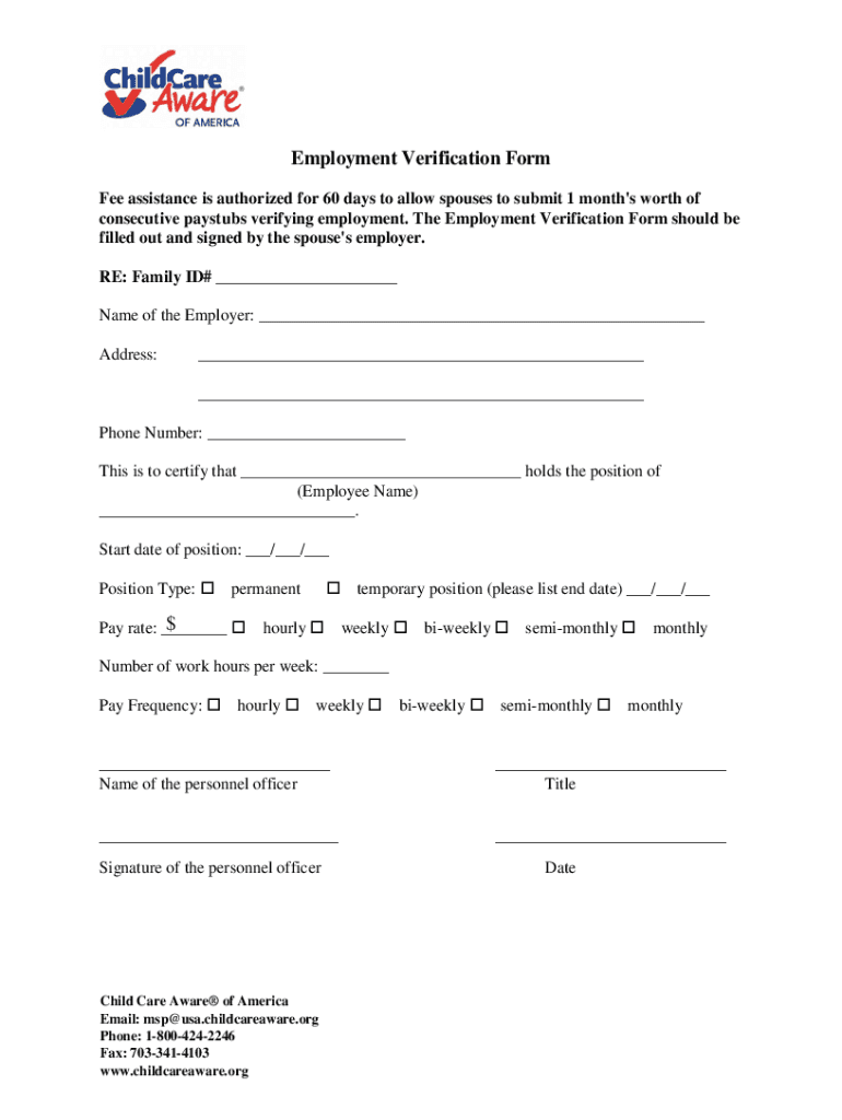 Fillable Online Employment Verification Form $ - Child Care Aware Fax ...