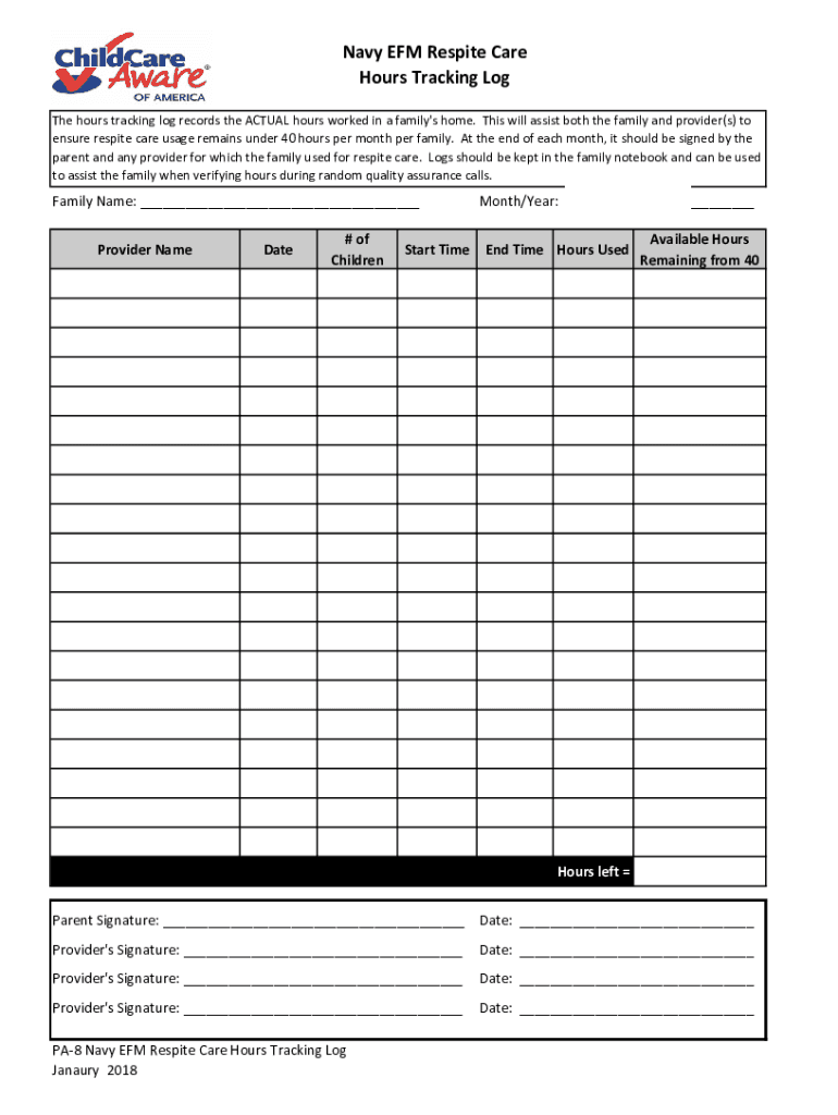 Fillable Online PA-9 Navy EFM Respite Care Hours Tracking Log.xlsx Fax ...