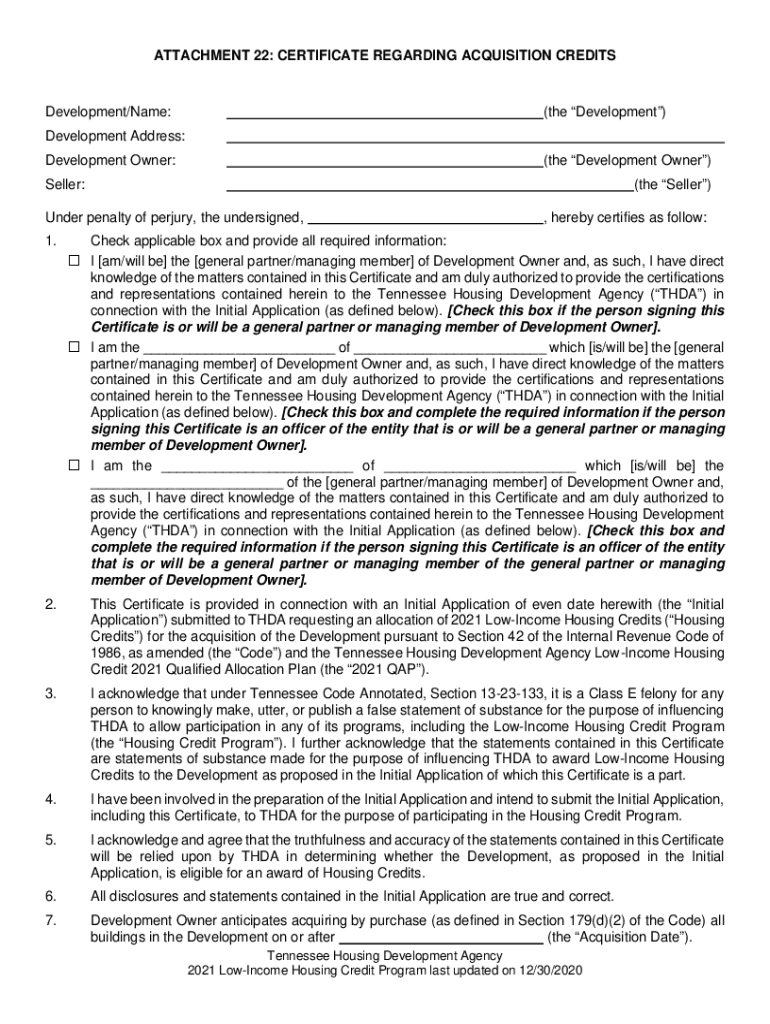 Fillable Online attachment 22: certificate regarding acquisition ...