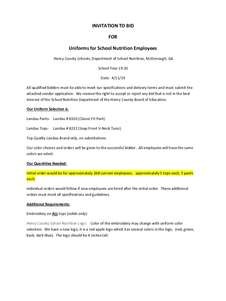 Fillable Online ssl.doas.state.ga.usPRSappbid-documentsINVITATION TO BID FOR Uniforms for School ...
