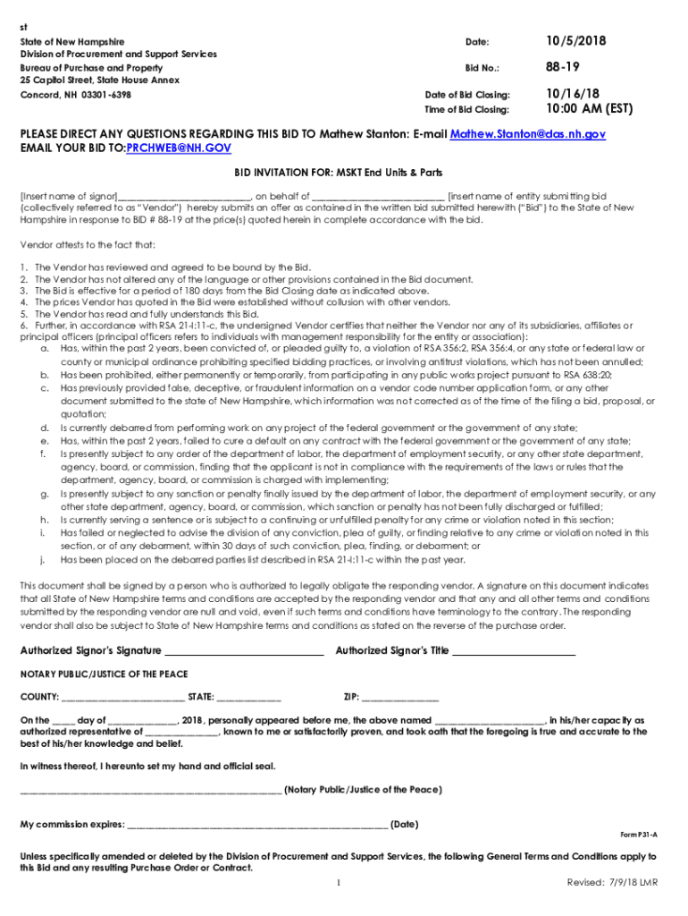 Fillable Online das nh BID INVITATION FOR: MSKT End Units & Parts Fax ...