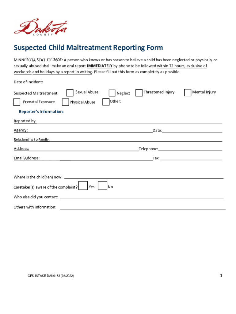 Fillable Online Suspected Child Maltreatment Reporting Form - Dakota County, Minnesota Fax Email ...