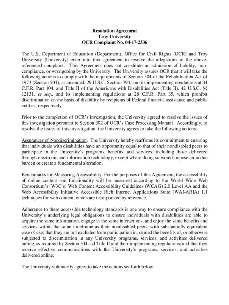 Fillable Online www2 ed www2.ed.govaboutofficesResolution Agreement Troy University OCR ...