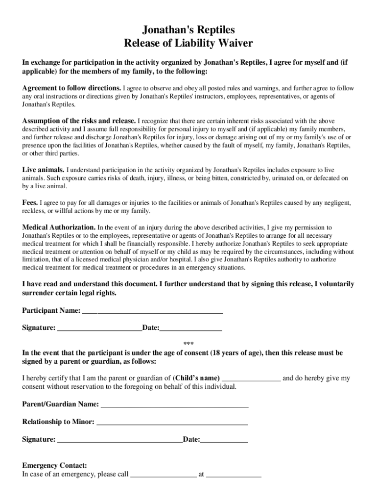 Fillable Online Release of Liability (Waiver Form) - 20 Templates ...