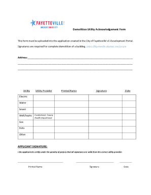 Fillable Online Demolition Utility Acknowledgement Form APPLICANT ...
