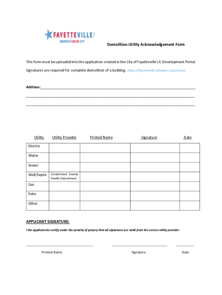 Fillable Online Demolition Utility Acknowledgement Form APPLICANT ...