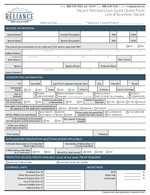 Fillable Online Vacant Personal Lines Quick Quote Form Line of Business ...