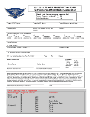 Fillable Online 2017/2018 PLAYER REGISTRATION FORM Northumberland Minor ...